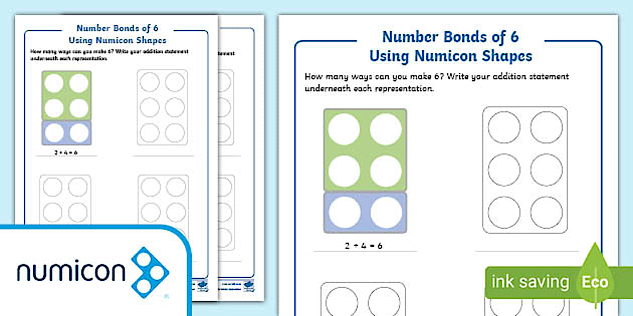 Number Bonds of Six Using Numicon Shapes Activity Sheet